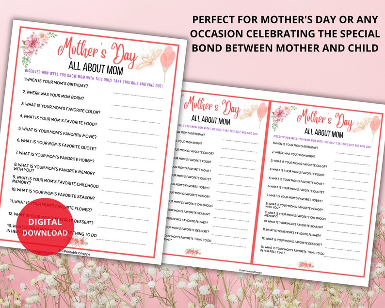 All About Mom Quiz,all About My Momma,mommy,mother's Day Printable Game ...