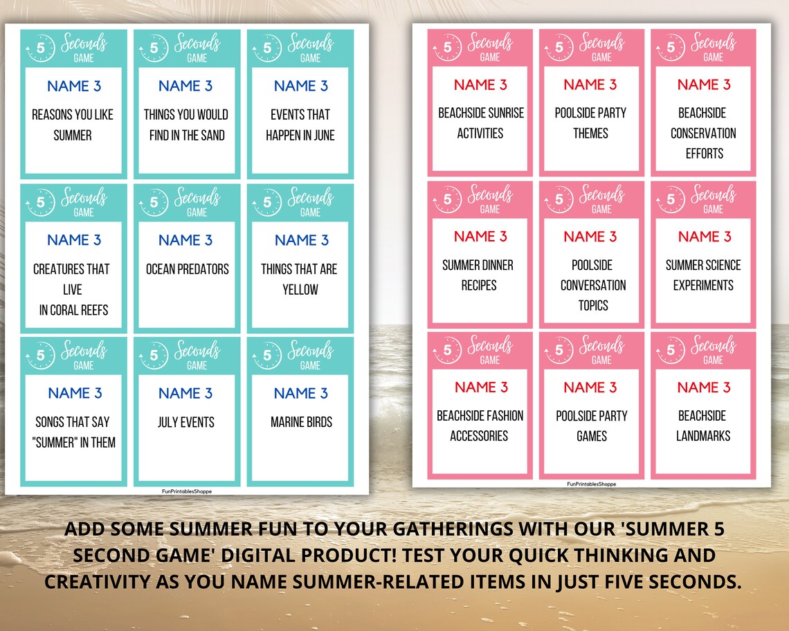 Summer 5 Second Game,summer Party Game,summer Trivia,pool Party Game ...