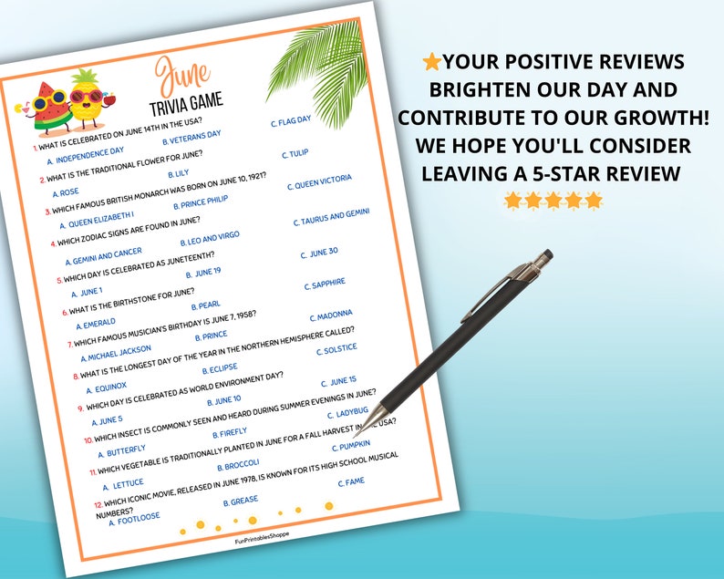 June Trivia Game,summer Trivia Quiz,summer Party Games,summer Trivia ...