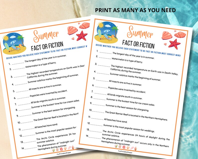 Summer Fact or Fiction,summer Trivia Party Game,family Summer Games ...