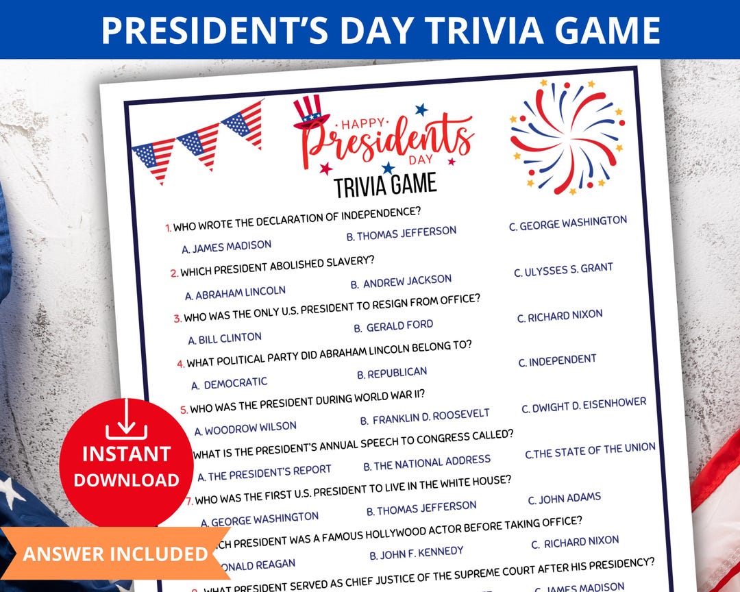 Presidents' Day Trivia Game,u.s. Presidents Game,american Presidents ...