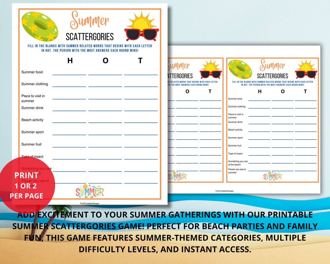 Summer Scattergories Game,summer Family Reunion,summer Fun Game,summer ...