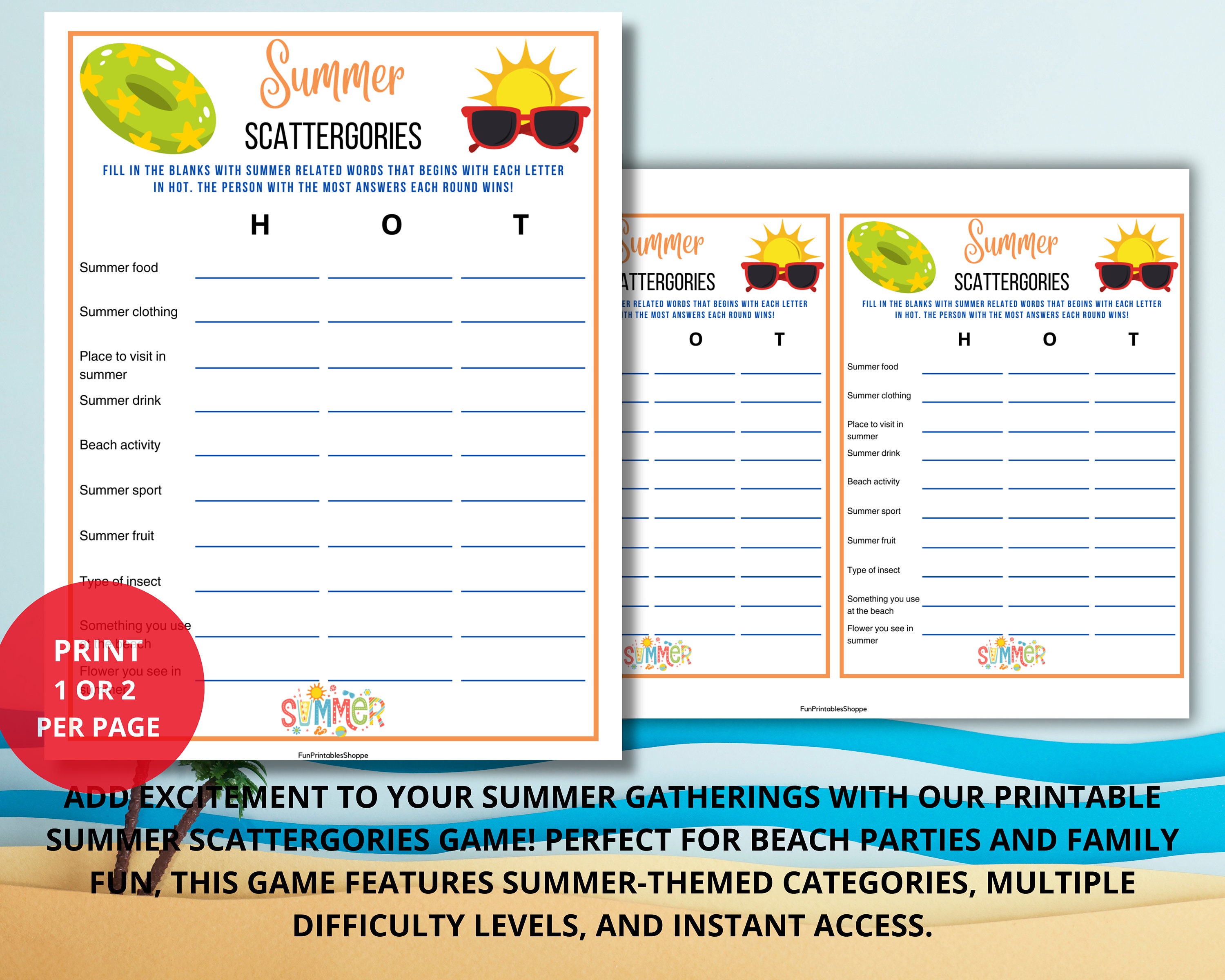 Summer Scattergories Game,summer Family Reunion,summer Fun Game,summer ...