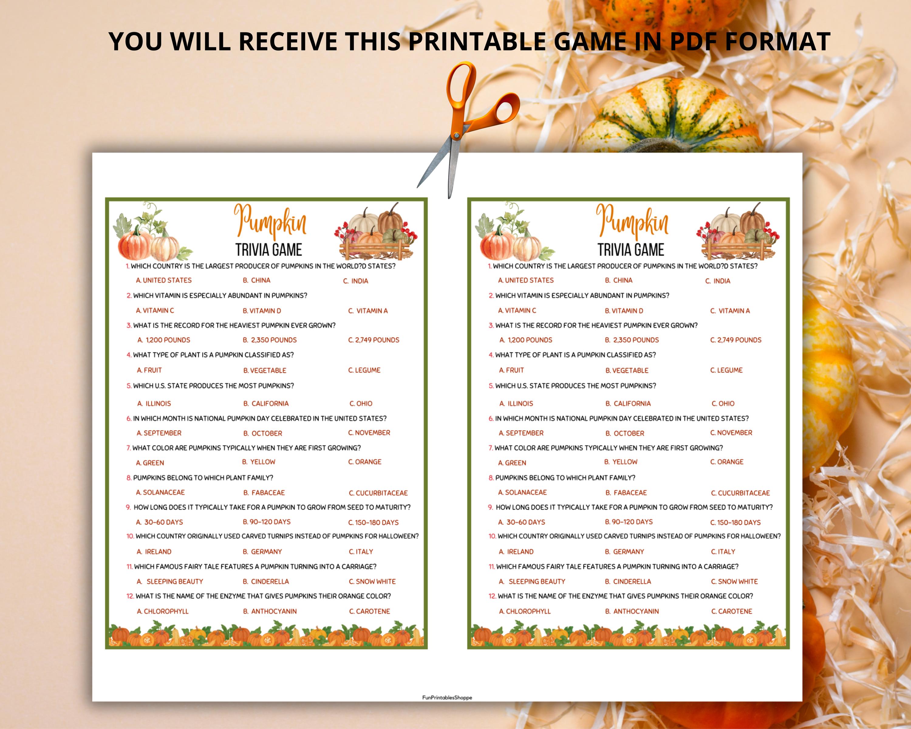 Pumpkin Trivia Game,fall Trivia,autumn Trivia,pumpkin Quiz,october ...