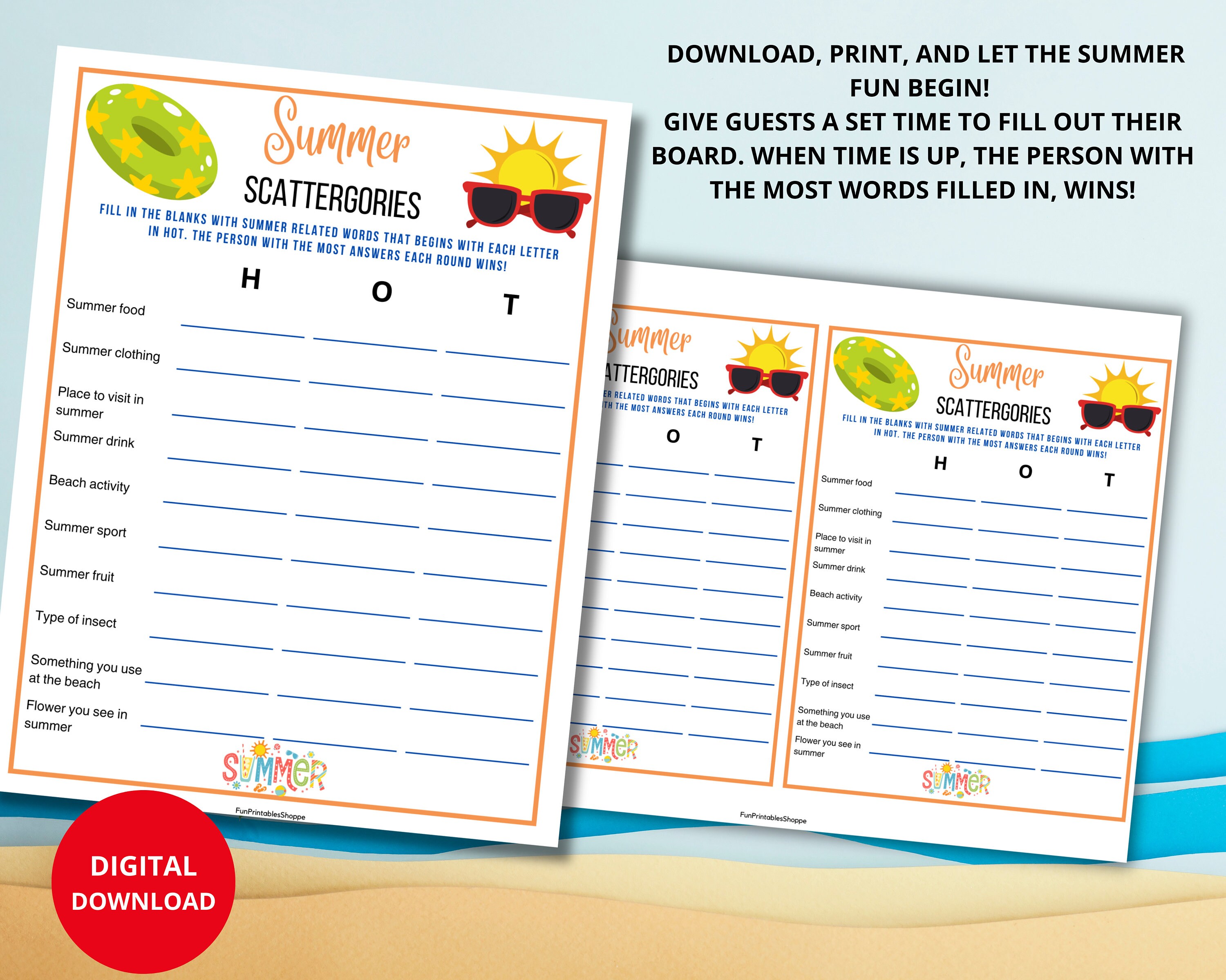 Summer Scattergories Game,summer Family Reunion,summer Fun Game,summer ...