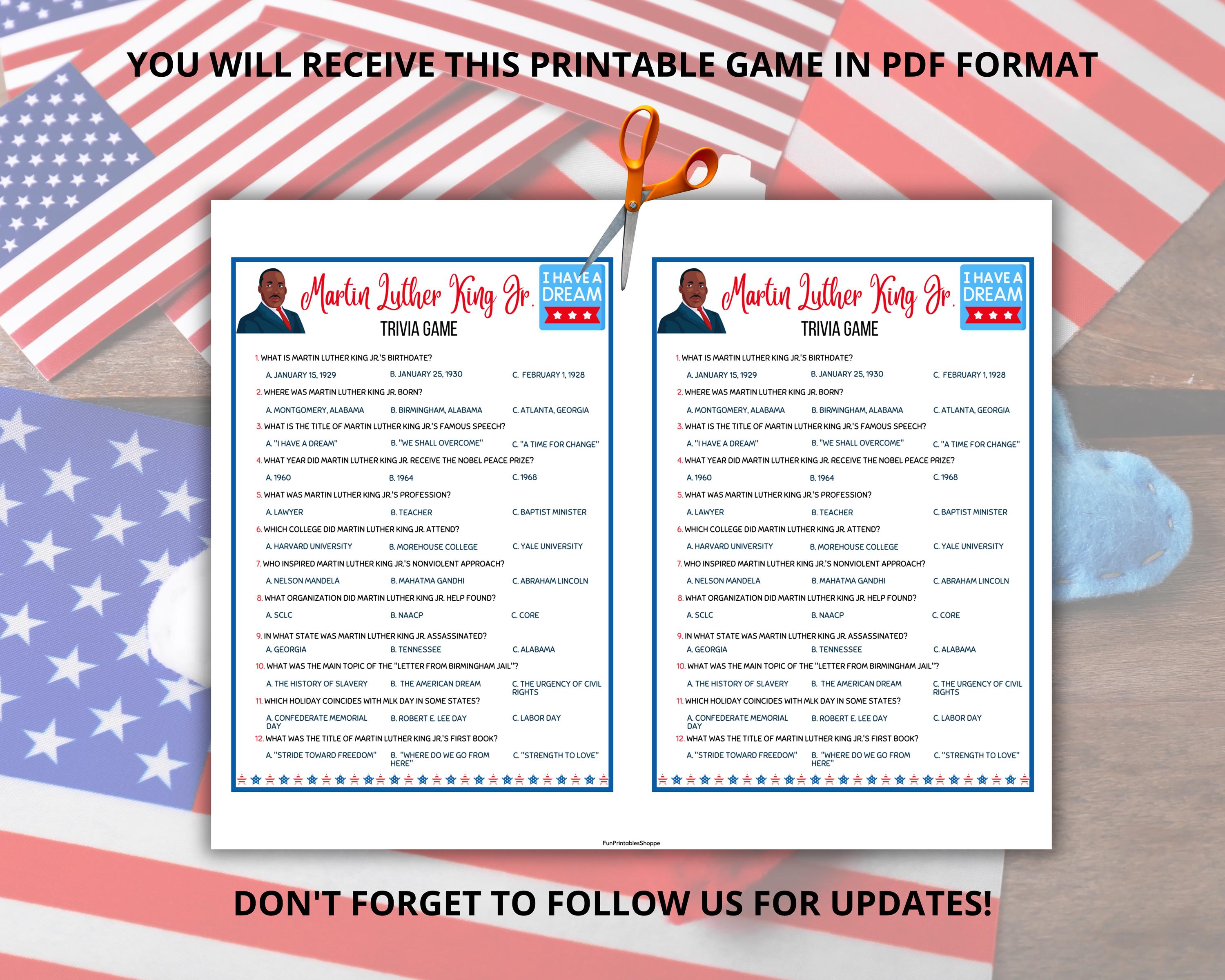 Martin Luther King Jr Trivia Game,mlk Jr Day Trivia,america History ...