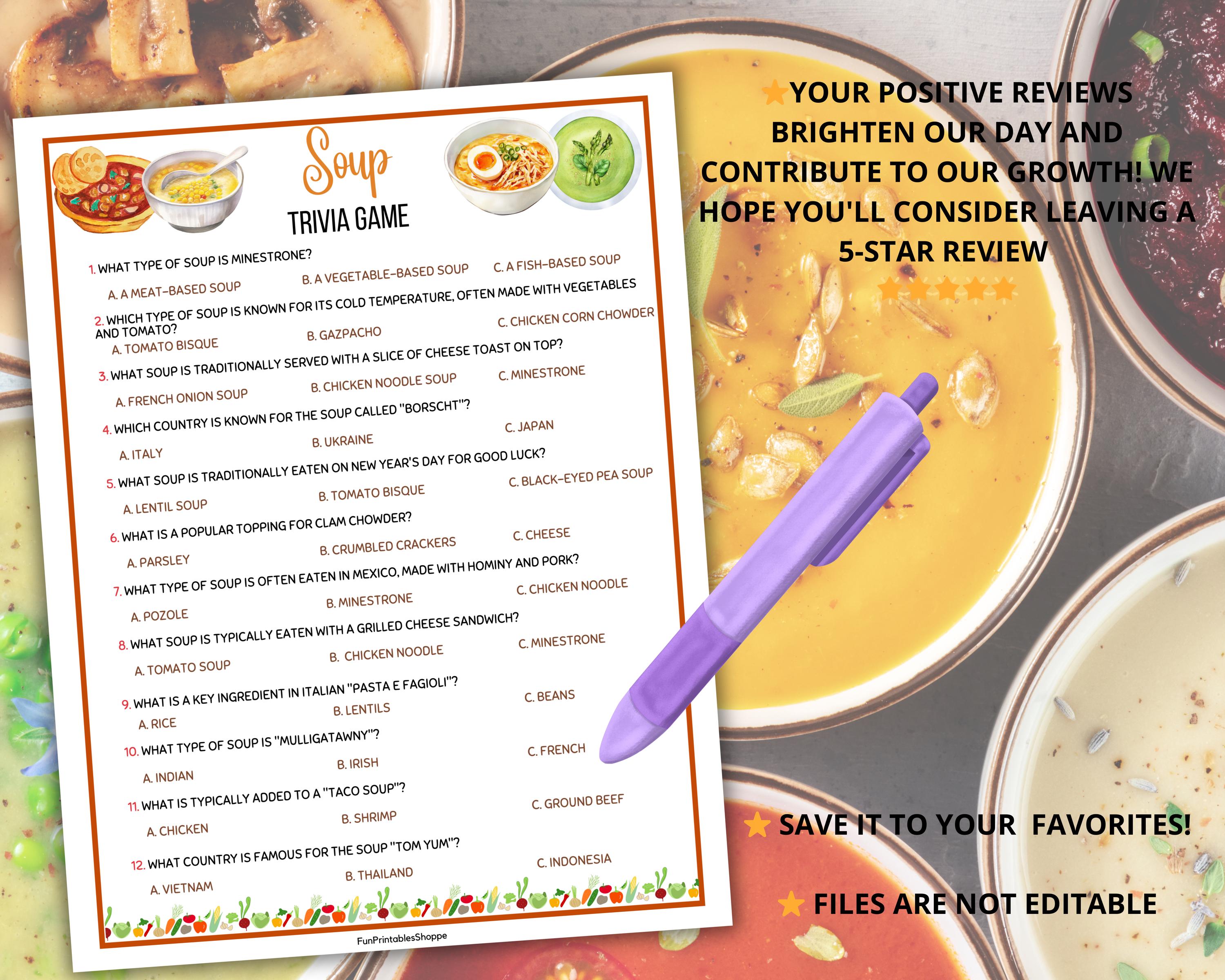 Soup Trivia Game,food Trivia,soup Cook-off Game,foodie Trivia,soup Fact ...