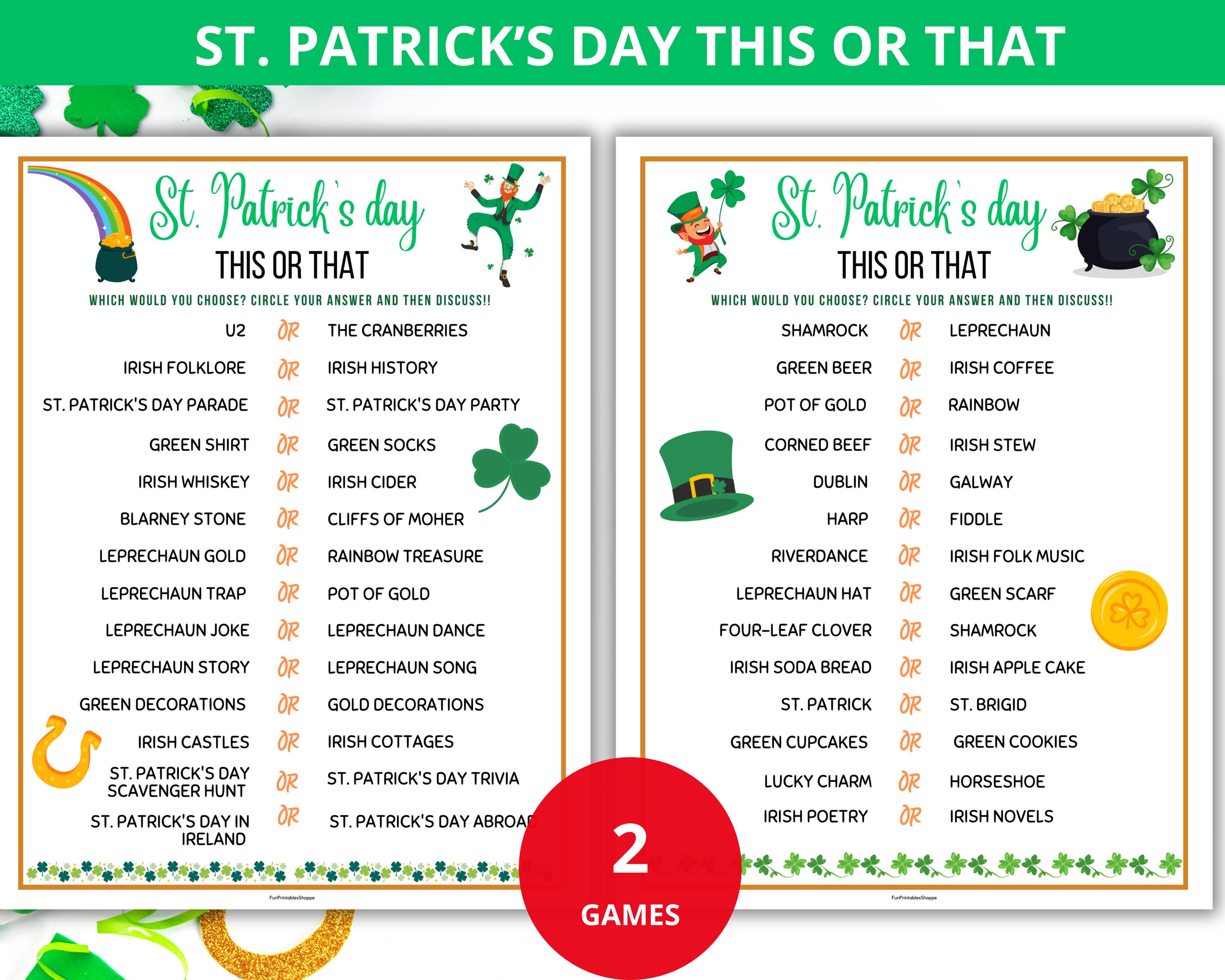 St Patrick's Day This or That Game,st Patrick's Day Would You Rather,st ...