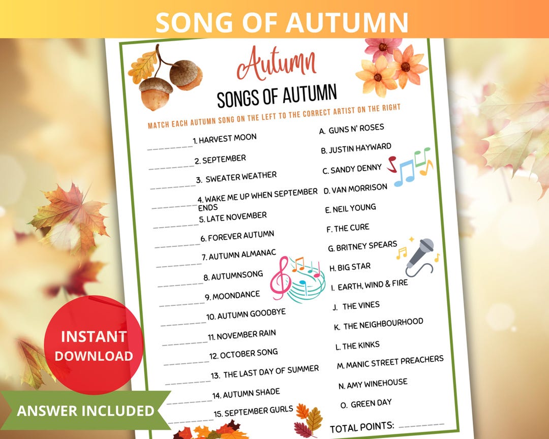 Fall Music Matching Game,autumn Songs Match,autumn Party Game,fall ...