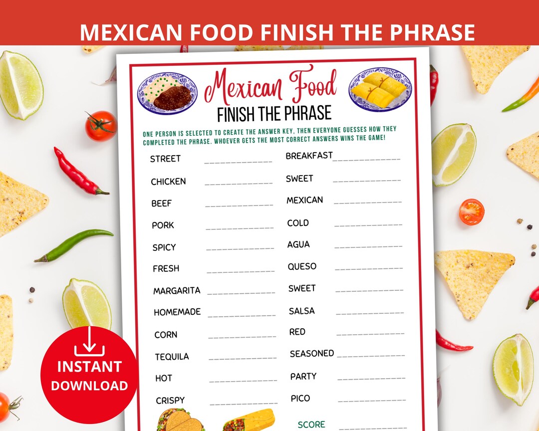 Mexican Food Game,mexican Party Finish the Phrase Game,taco Party Game ...