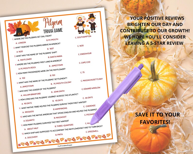 Thanksgiving Trivia Game,pilgrim Trivia Quiz,friendsgiving Games ...