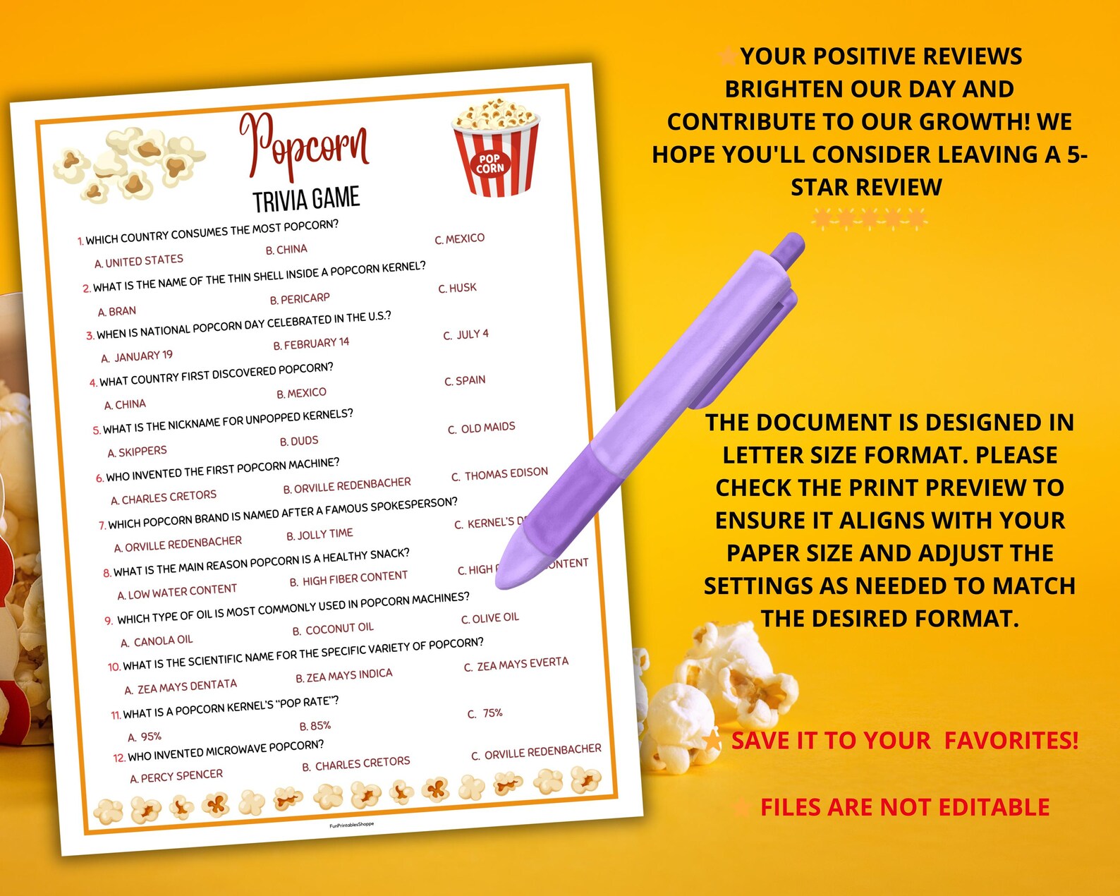 Popcorn Trivia Game,popcorn Quiz Game,food Trivia,popcorn Bar Activity ...