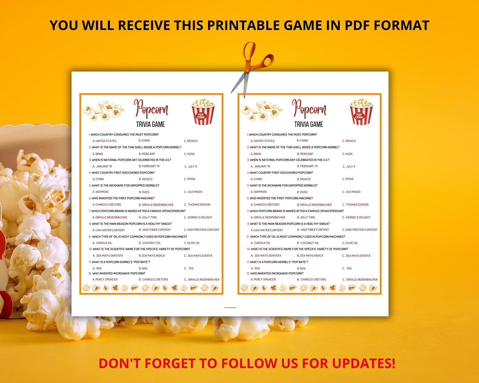 Popcorn Trivia Game,popcorn Quiz Game,food Trivia,popcorn Bar Activity ...