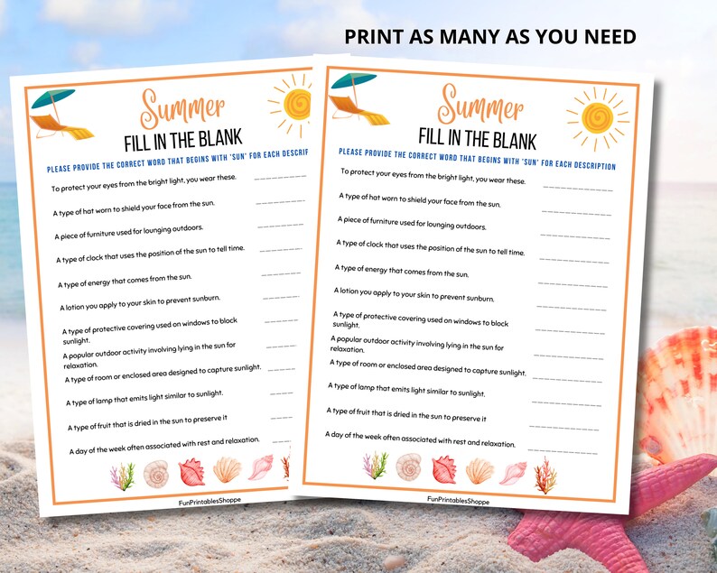 Summer Fill in the Blanks,summer Finish the Phrase,summer Quiz,summer ...