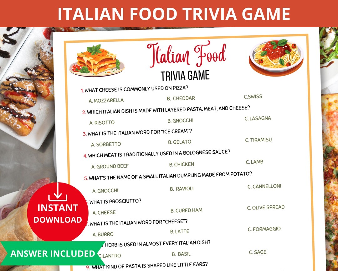 Italian Food Trivia Game,italian Food Quiz,pasta Party Trivia Game ...