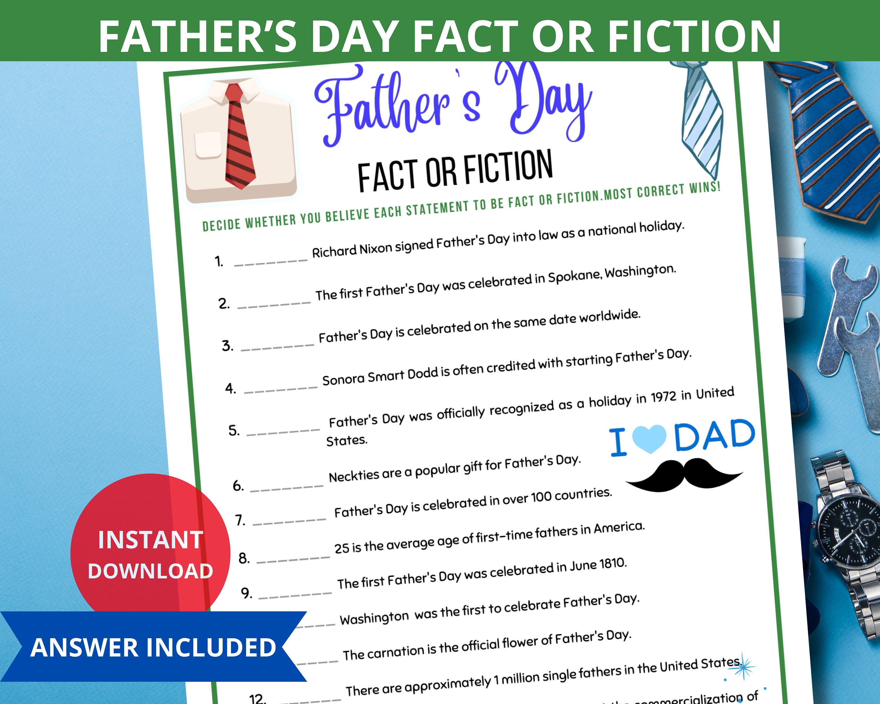Fathers Day Fact or Fiction,father's Daytrue or False Game Adults ...
