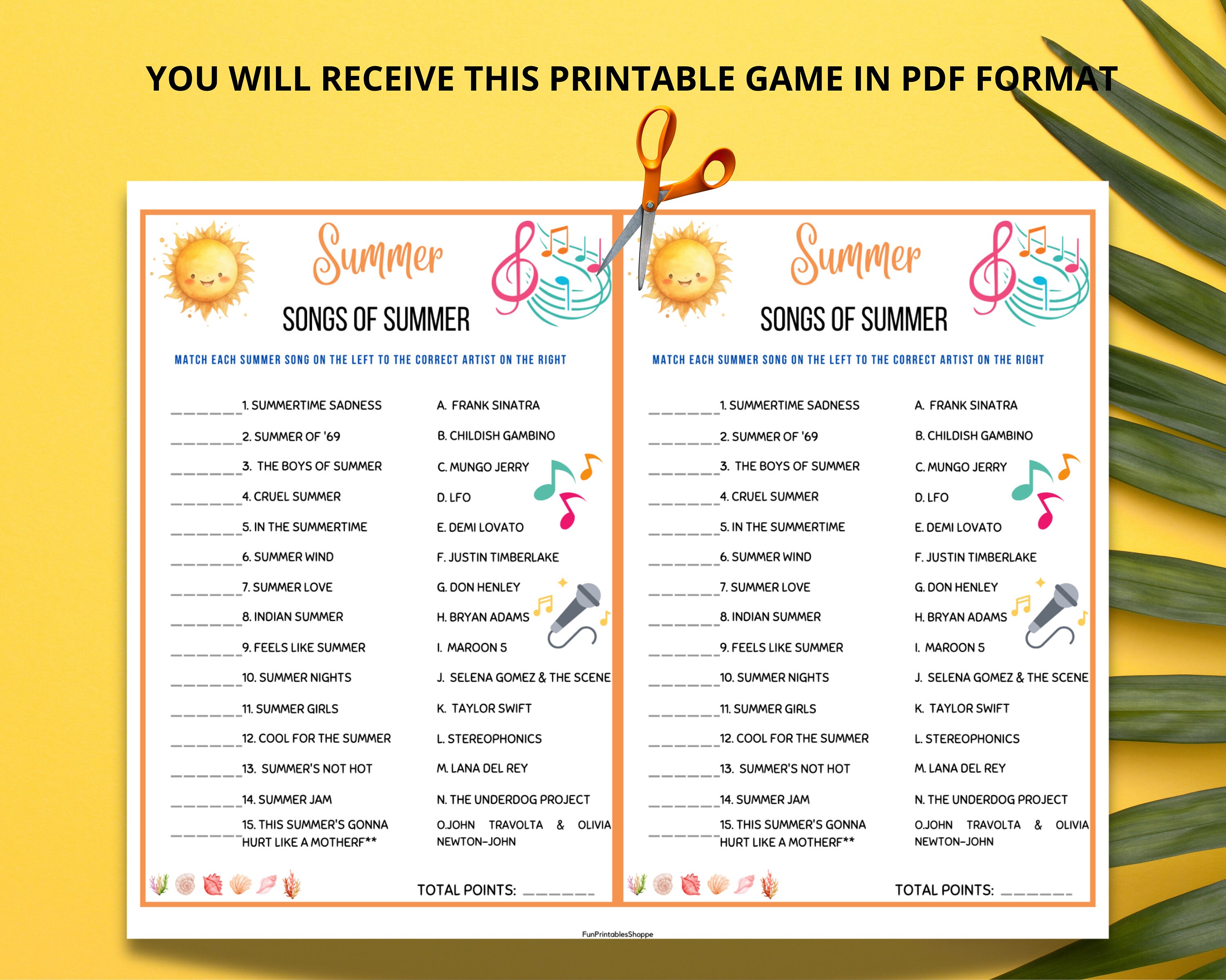 Songs of Summer Matching Game,summer Trivia,summer Songs Matchup ...
