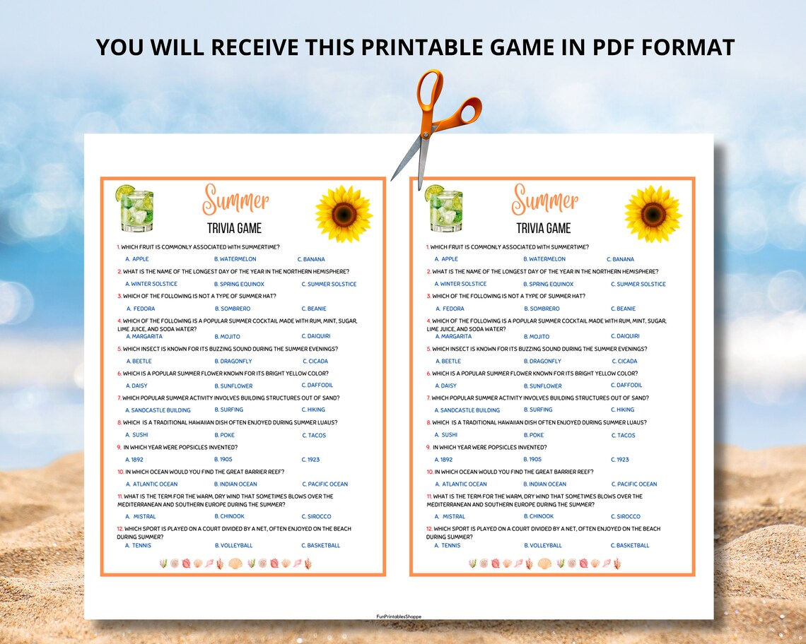 Summer Trivia Game,summer Office,summer Quiz,summertime Game,pool Party ...