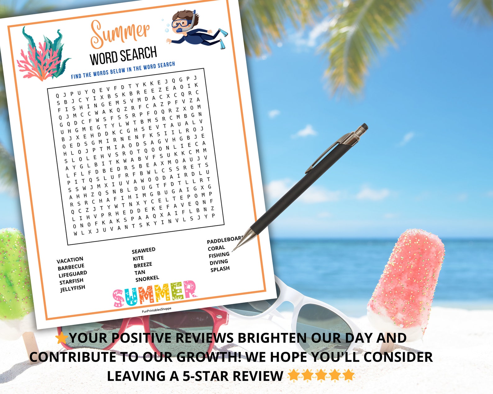 Summer Word Search,summertime Party Game,word Find Game,fun Summer ...