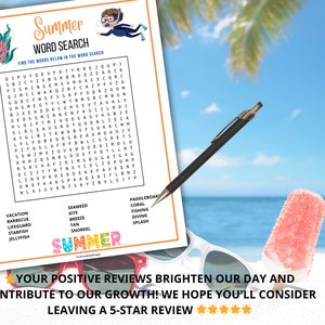 Summer Word Search,summertime Party Game,word Find Game,fun Summer ...