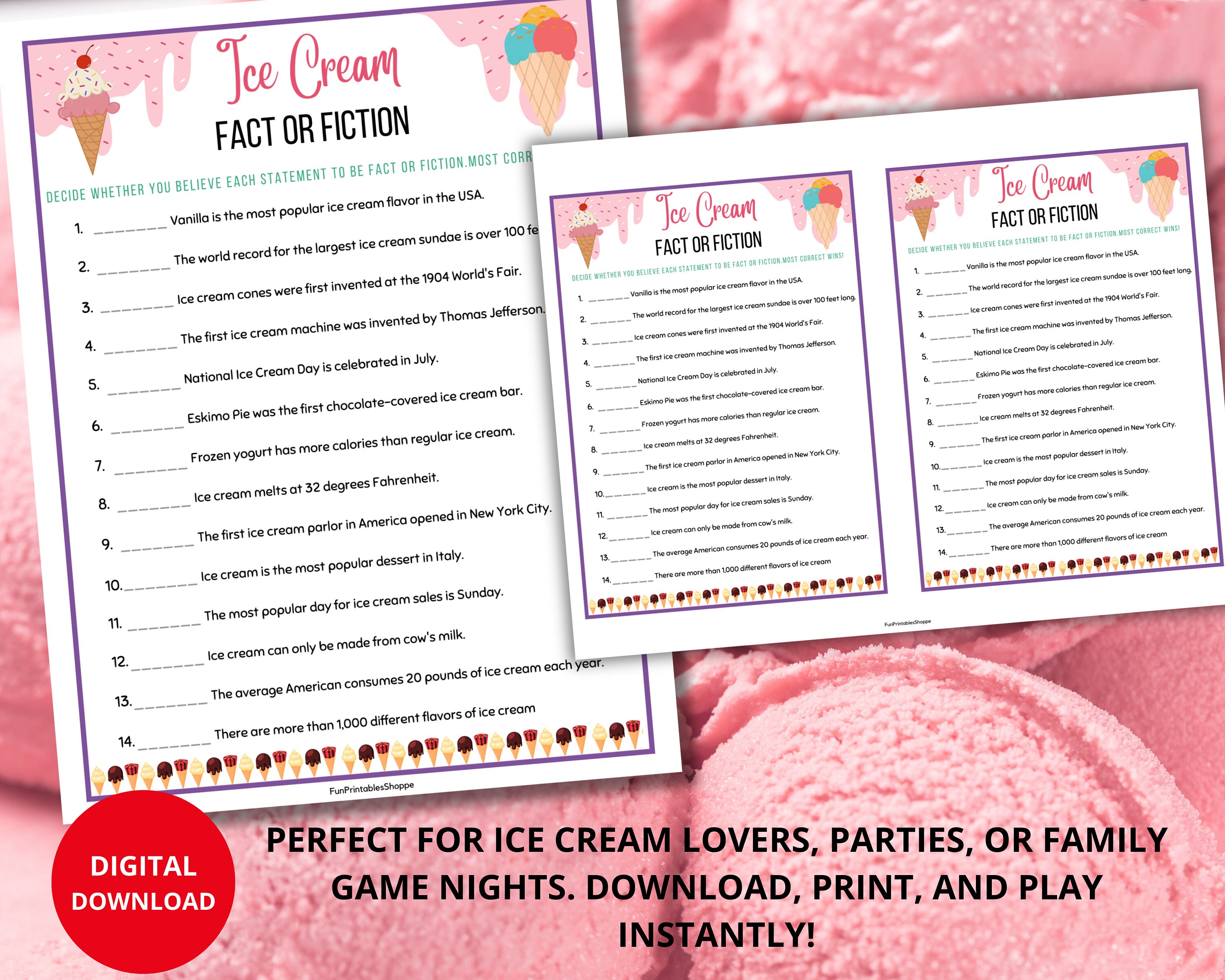 Ice Cream Fact or Fiction,ice Cream Trivia,ice Cream Social Game ...