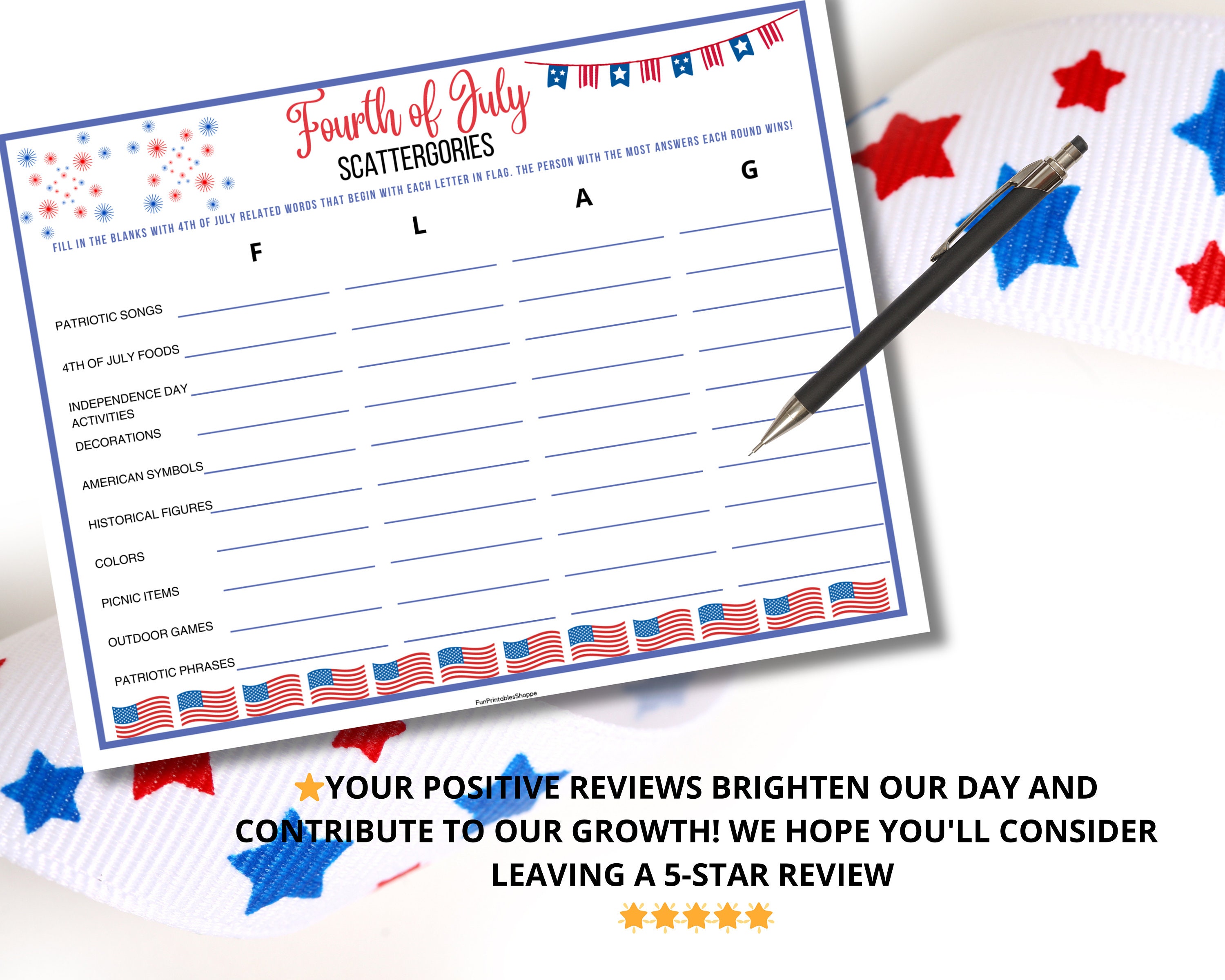 Scattergories Game,4th of July Games,fourth of July Scattergories ...