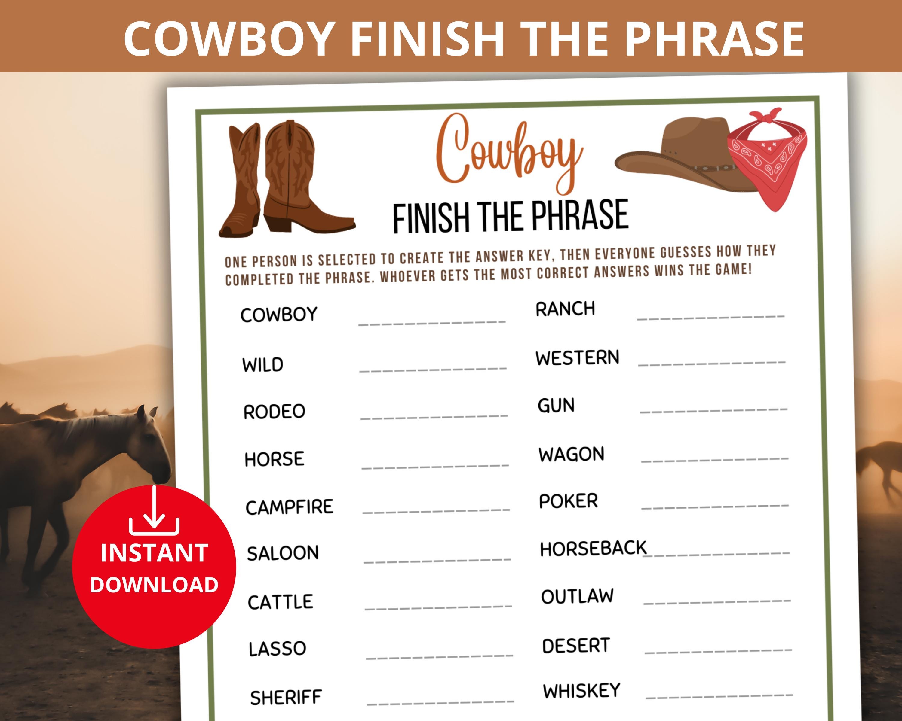 Cowboy Finish the Phrase,cowboy Trivia Quiz,western Party Game,cowboy ...