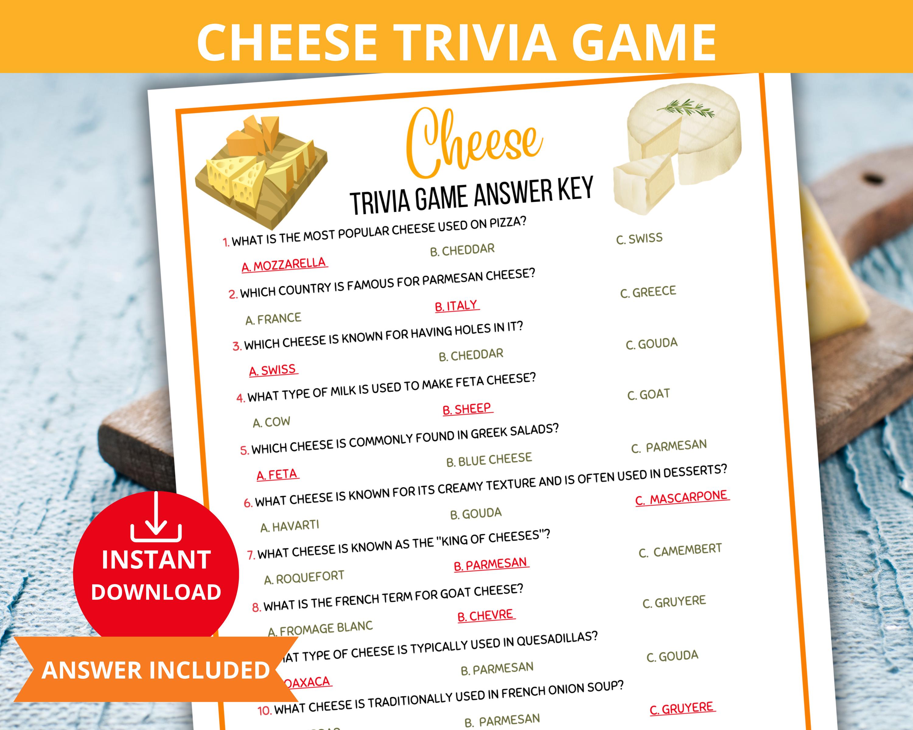 Cheese Trivia Game,printable Cheese Trivia,cheese Party Game,food ...