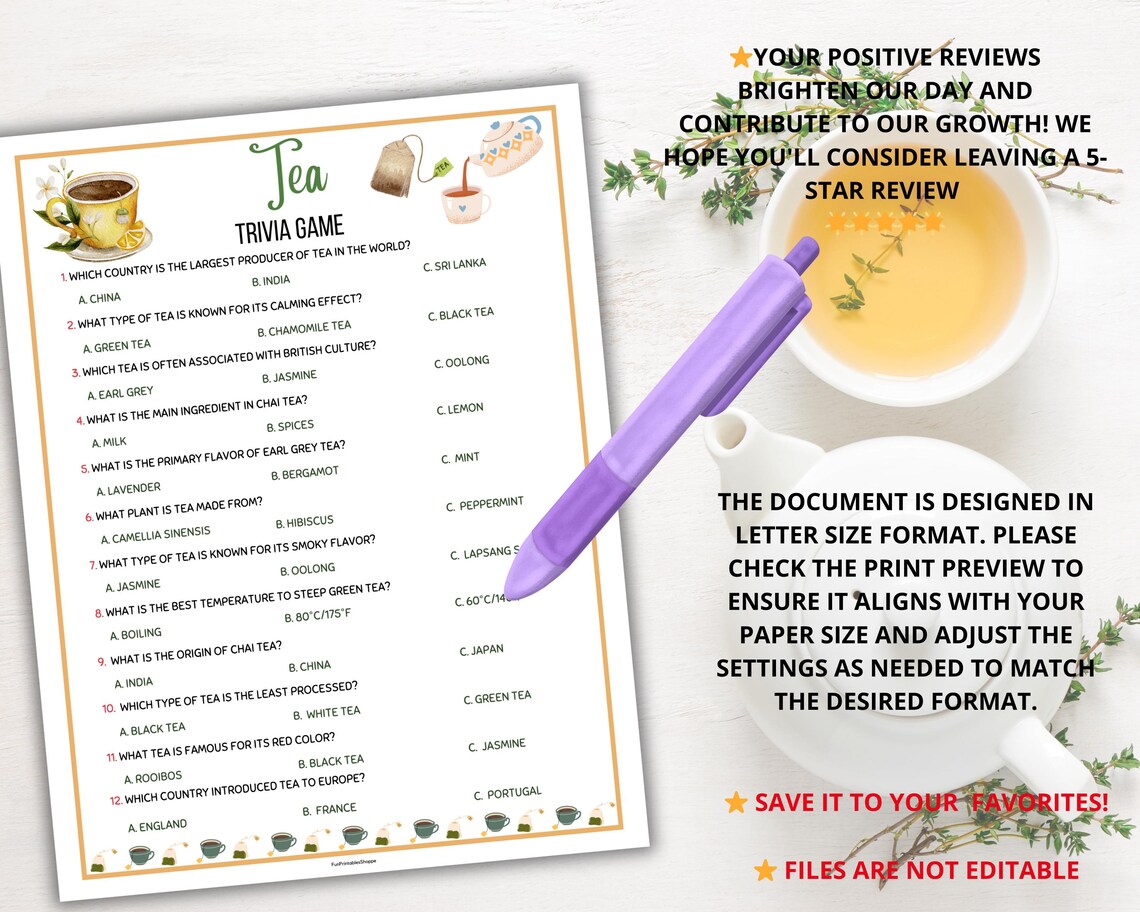 Tea Trivia Game,tea Trivia Quiz,tea Question,tea Games Printable,drink ...