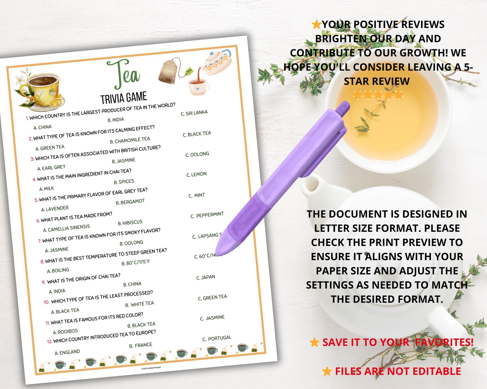 Tea Trivia Game,tea Trivia Quiz,tea Question,tea Games Printable,drink ...