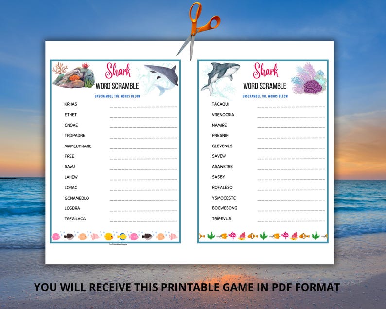 Shark Word Scramble,shark Party Game,word Search,shark Birthday Party ...