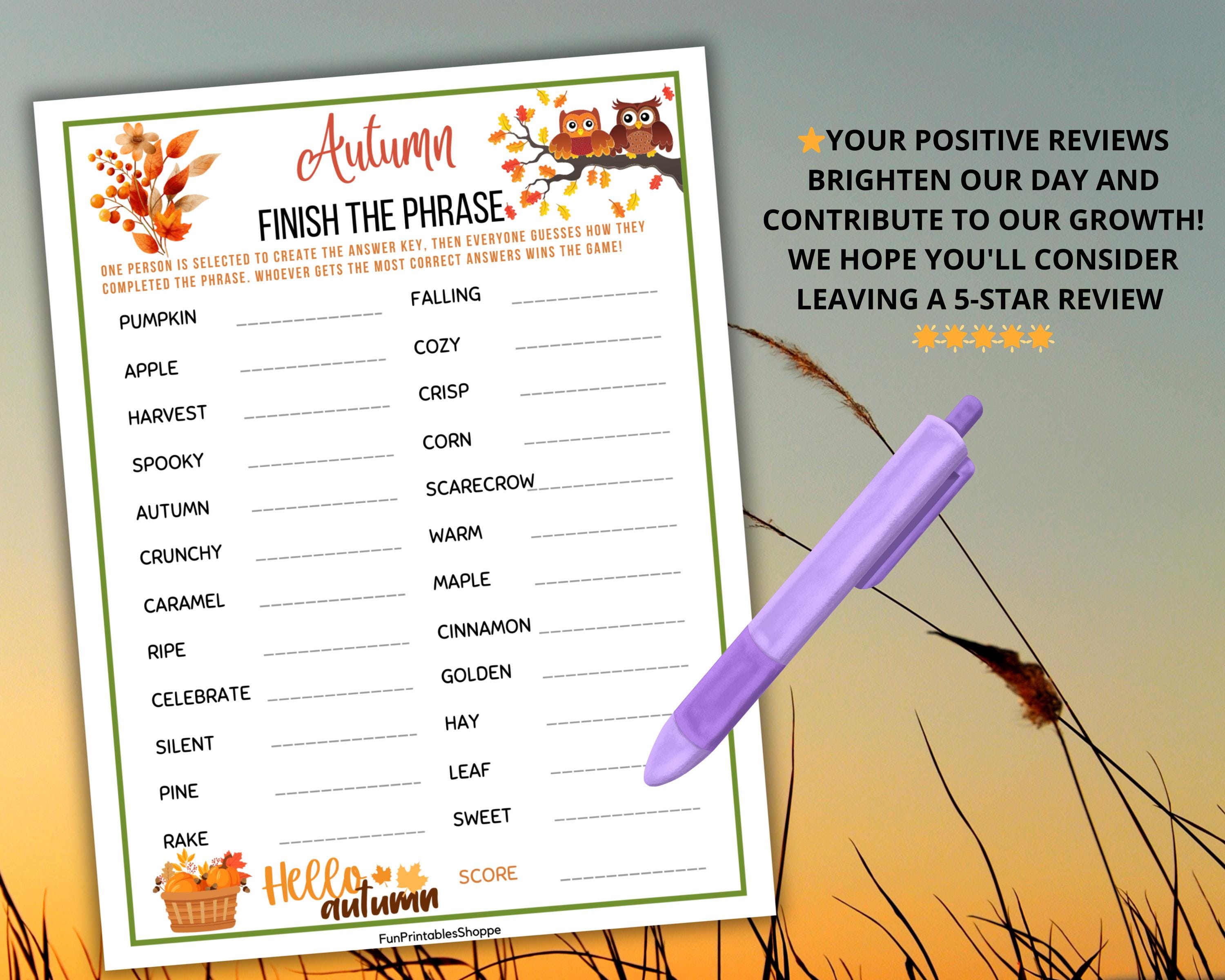 Fall Finish the Phrase,autumn Party,fall Activities,fun Harvest Game ...