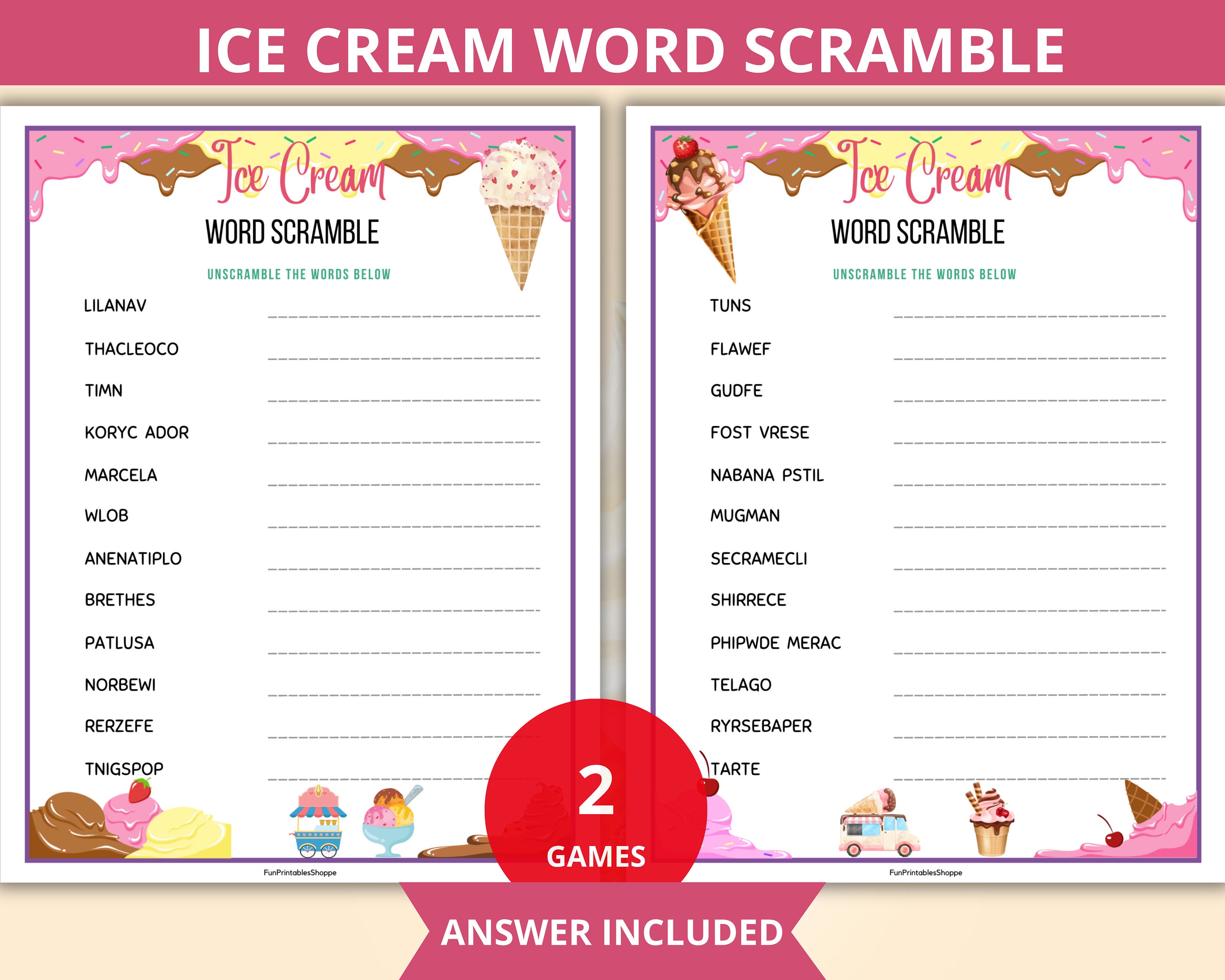 Ice Cream Word Scramble,ice Cream Party Game,word Search,ice Cream ...