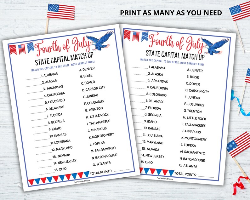 Fourth of July State Capital Match,july 4th Party Game,4th of July ...