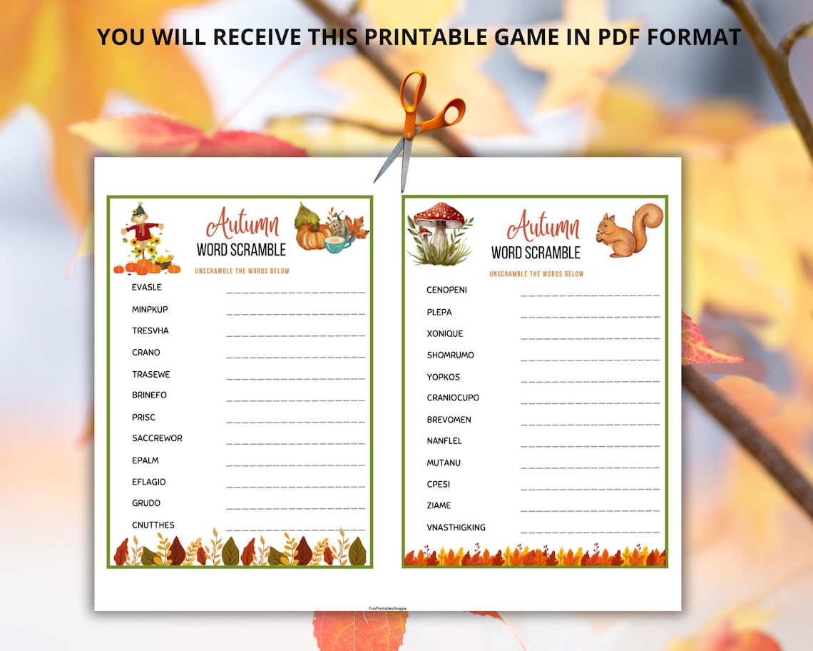 Fall Word Scramble,autumn Word Scramble,fall Activity,family Game ...
