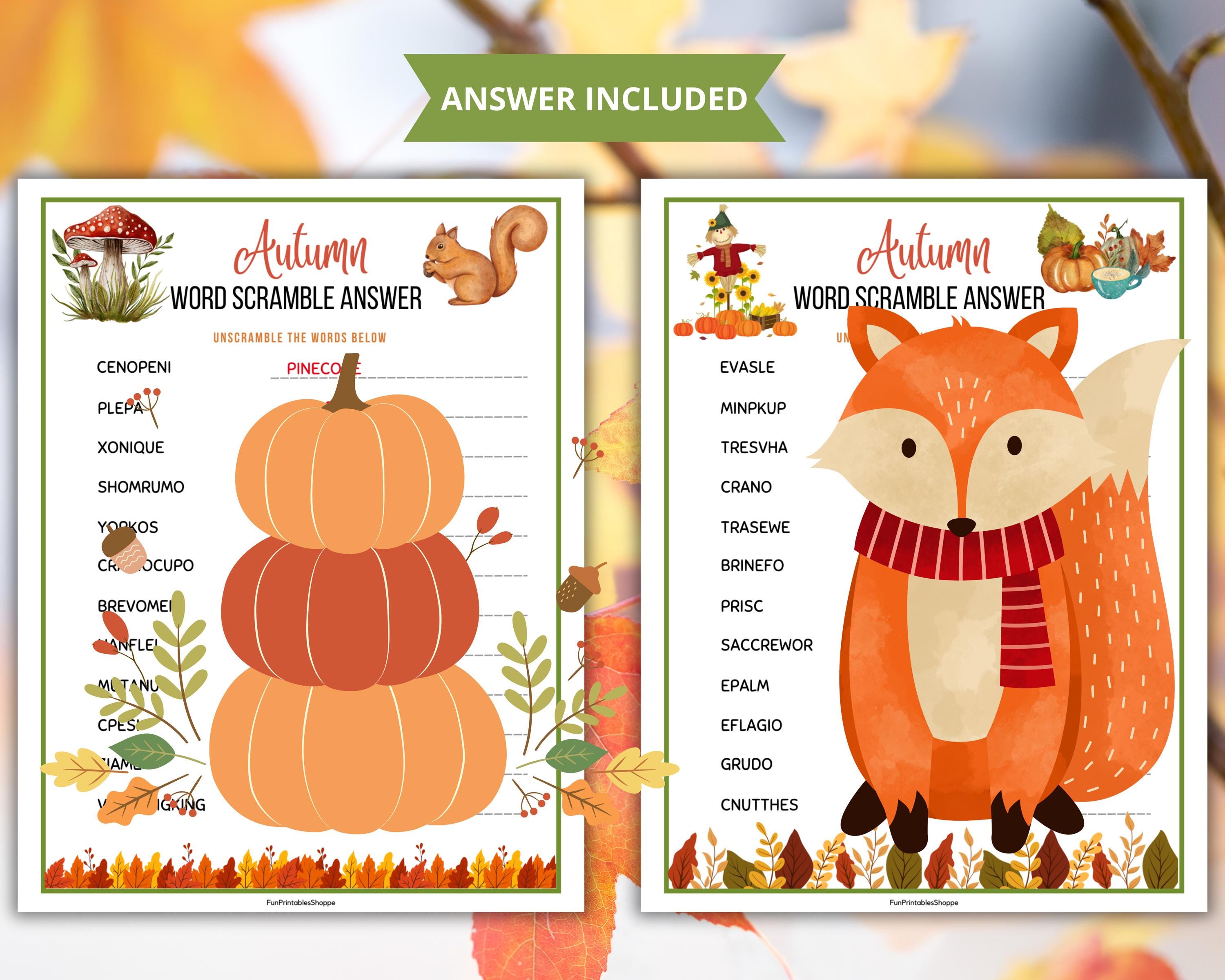 Fall Word Scramble,autumn Word Scramble,fall Activity,family Game ...
