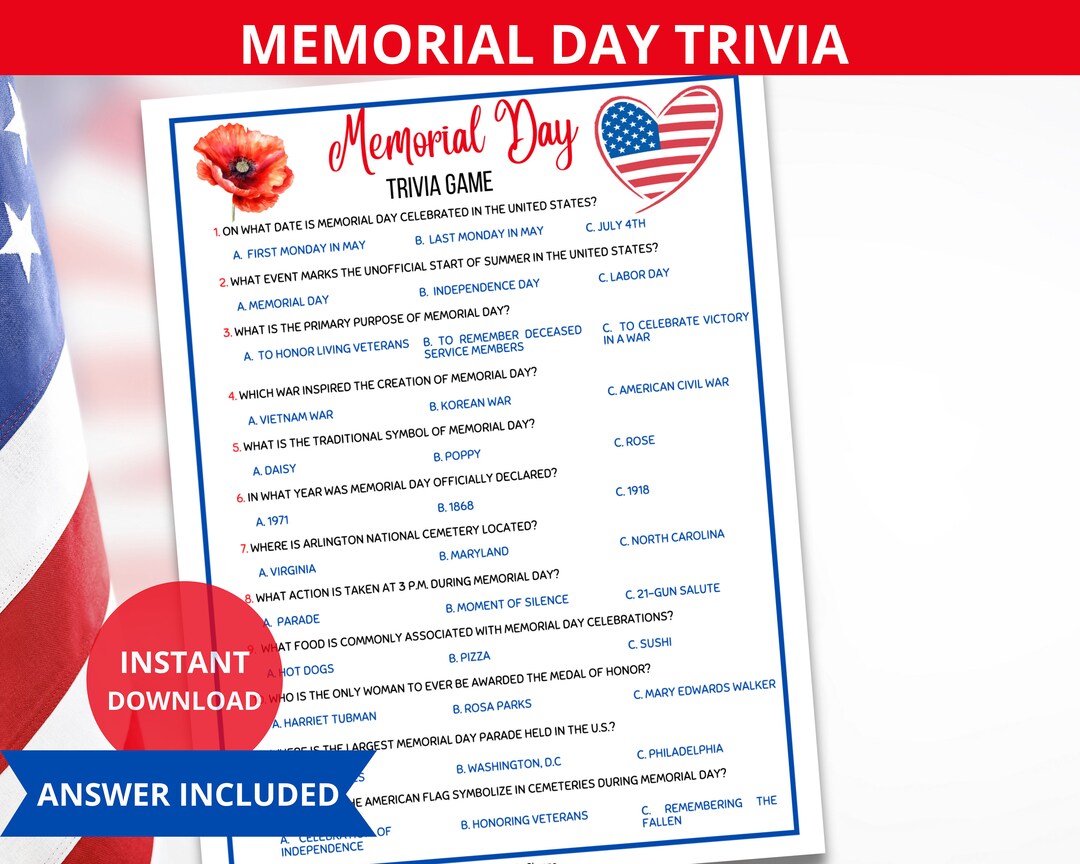 Memorial Day Trivia,memorial Day Game for Teens,patriotic Party Games ...