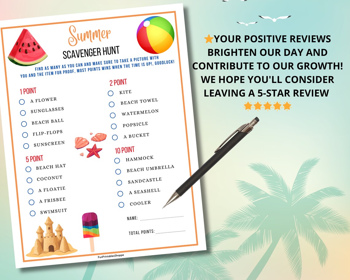 Summer Scavenger Hunt Game,scavenger Treasure Hunt Party Game ...
