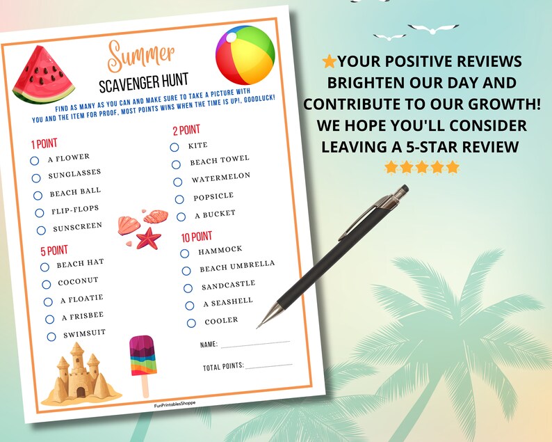 Summer Scavenger Hunt Game,scavenger Treasure Hunt Party Game ...