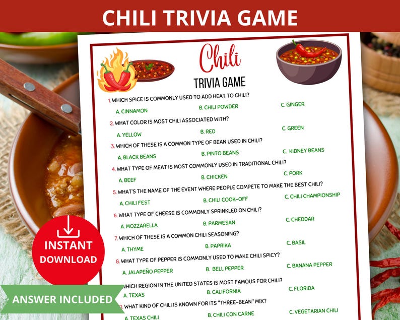 Chili Trivia Game,food Trivia,chili Cookoff,chili Competition Trivia ...