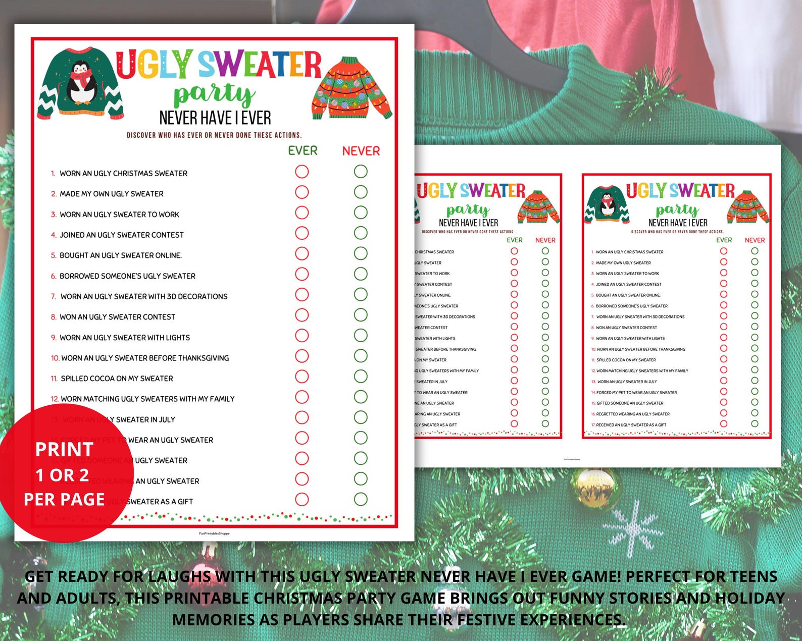 Ugly Sweater Party Game,never Have I Ever Christmas,friendsmas Game ...