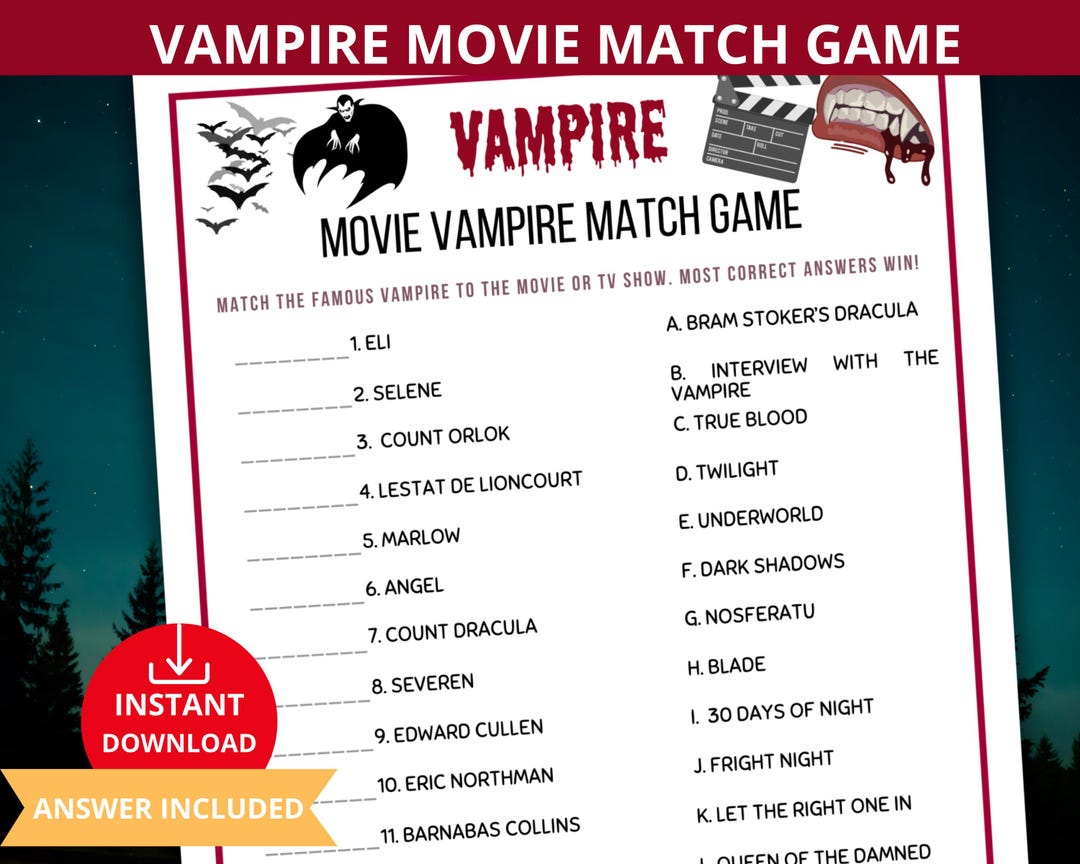 Movie Match Game,vampire Trivia,vampire Party Game,vampire Match Game ...
