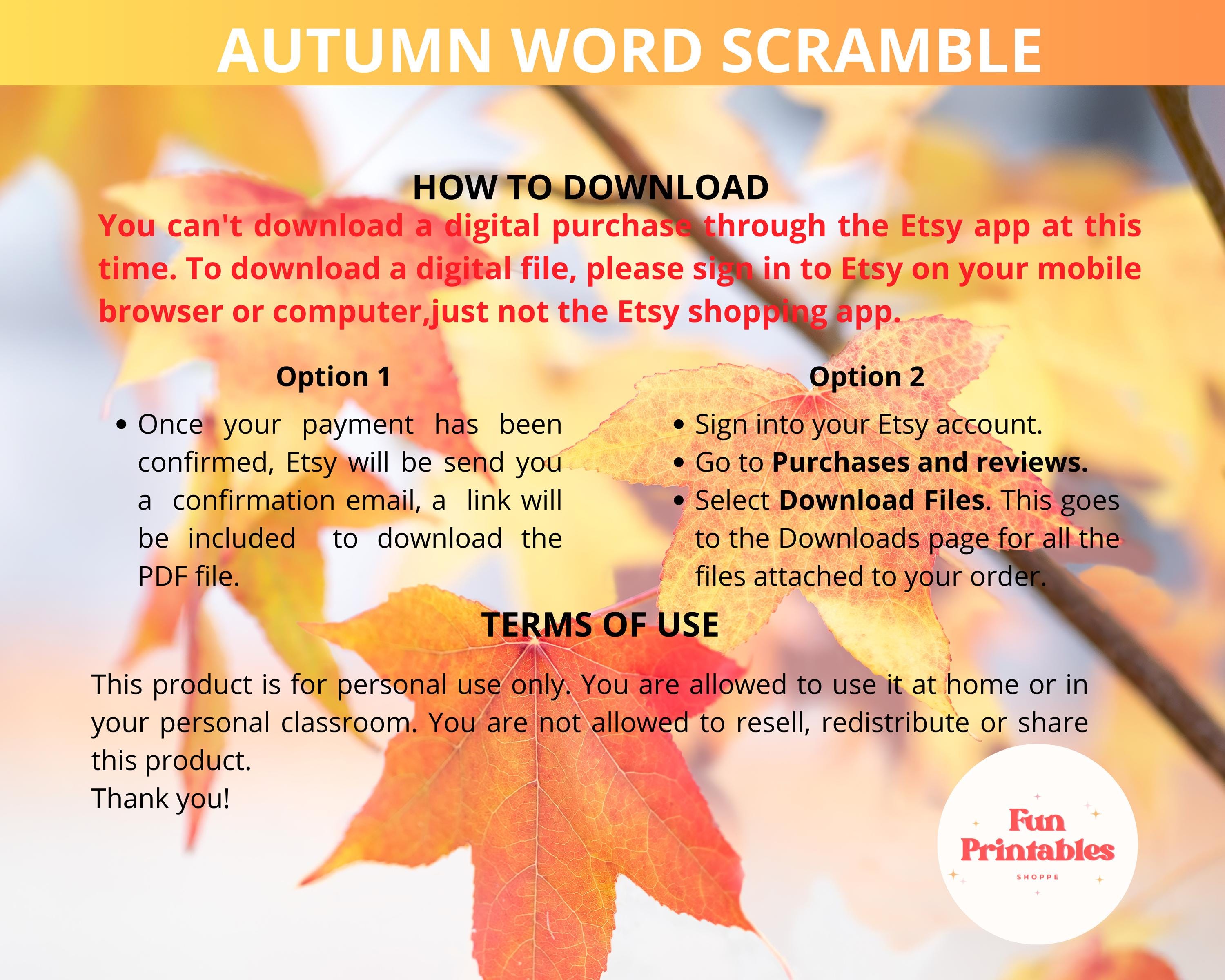 Fall Word Scramble,autumn Word Scramble,fall Activity,family Game ...