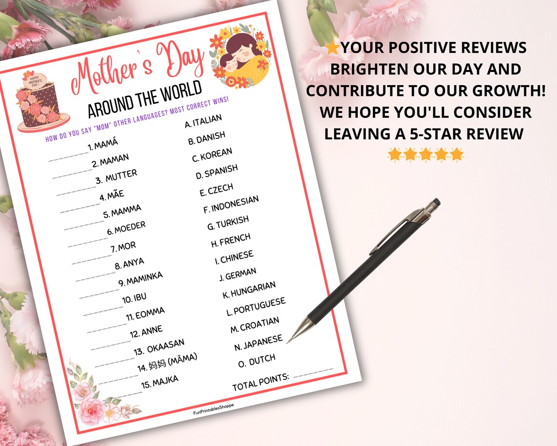 Mother's Day Around the World Game,mom Day Printable Games,family Games ...