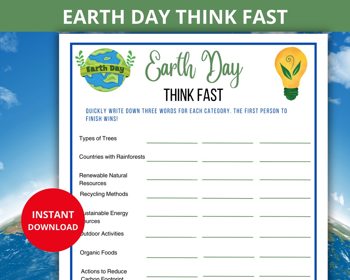 Earth Day Think Fast Game,think Fast Game,spring Activity,earth Day for ...
