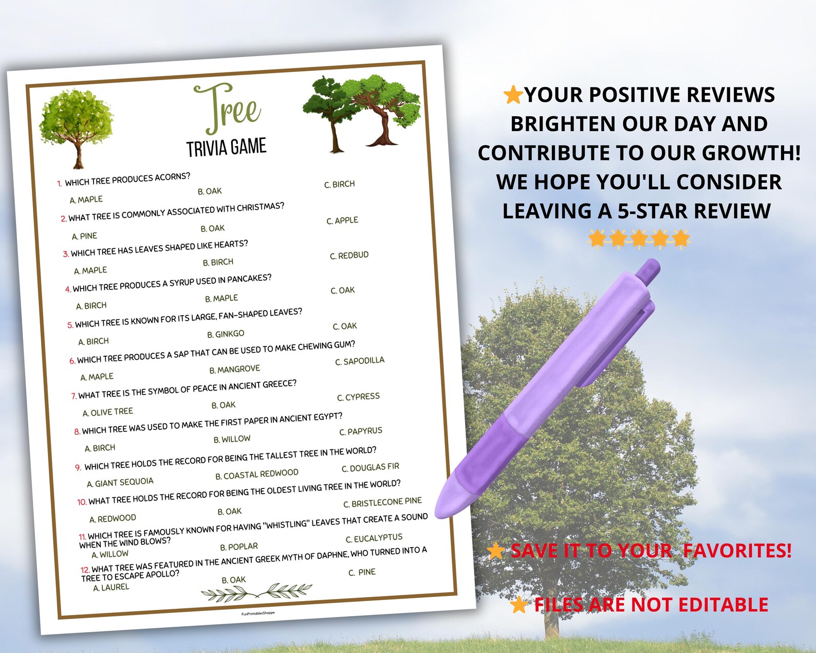 Tree Trivia Game,nature Trivia,tree Quiz,teen Party Games,plant Trivia ...