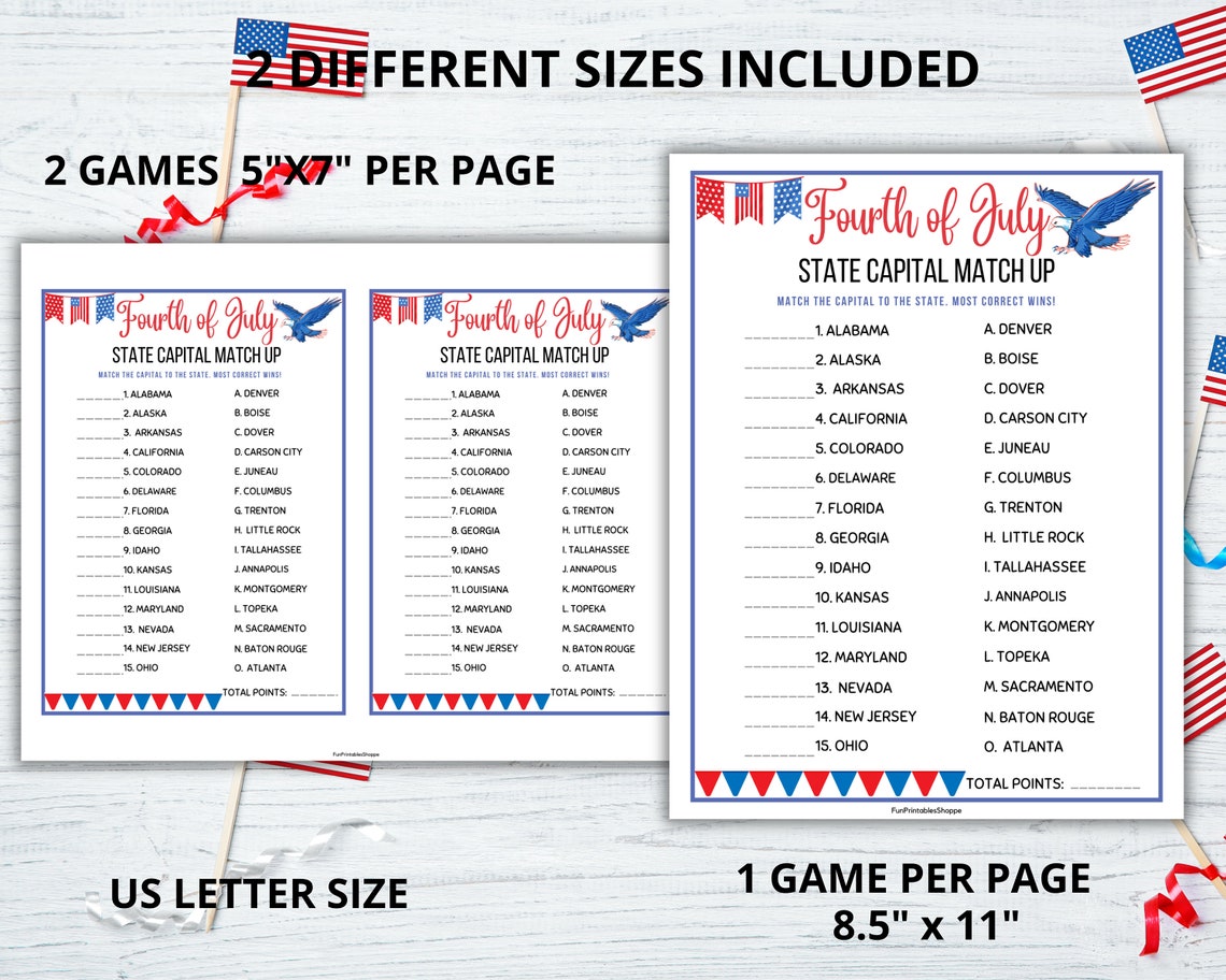 Fourth of July State Capital Match,july 4th Party Game,4th of July ...
