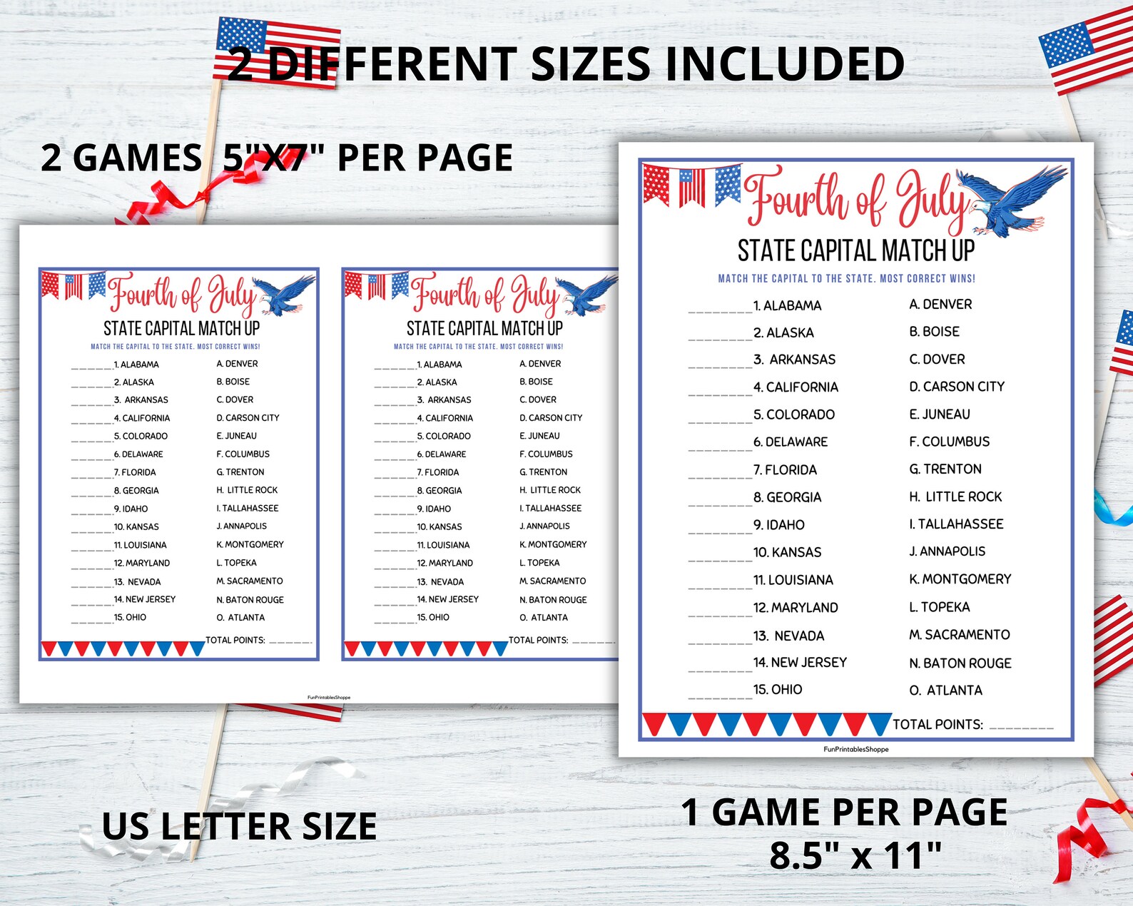 Fourth of July State Capital Match,july 4th Party Game,4th of July ...