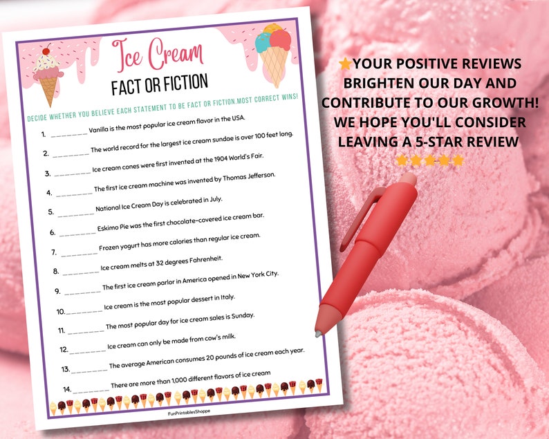 Ice Cream Fact or Fiction,ice Cream Trivia,ice Cream Social Game ...