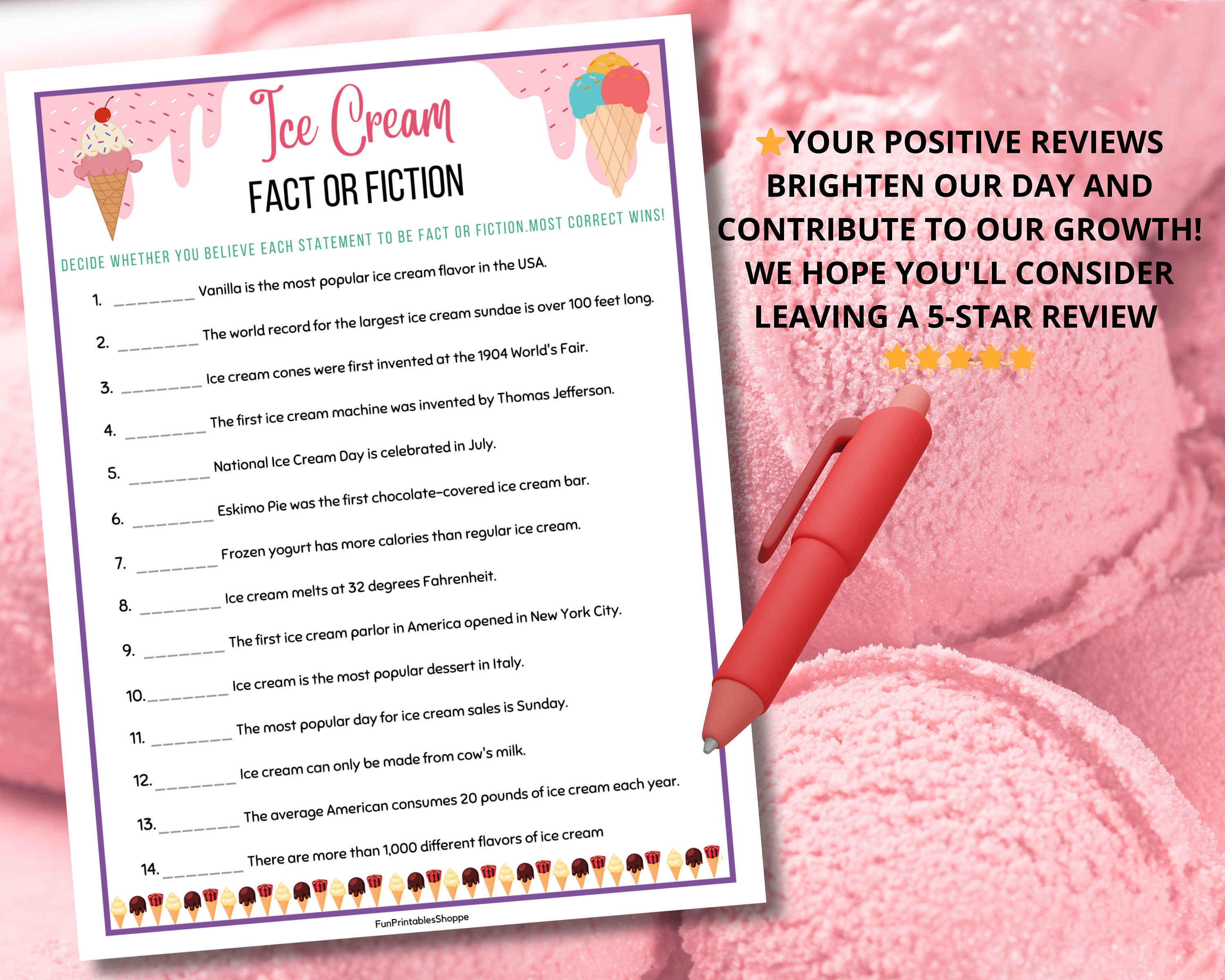 Ice Cream Fact or Fiction,ice Cream Trivia,ice Cream Social Game ...
